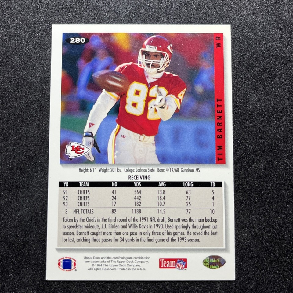 1994 Collector's Choice Football Silver #280 Tim Barnett Kansas City ...