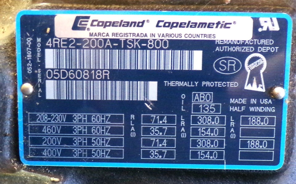 Copeland Copelametic Compressor 4RE2-200A-TSK-800 208-230/460v 60hz20hp156000btu | eBay