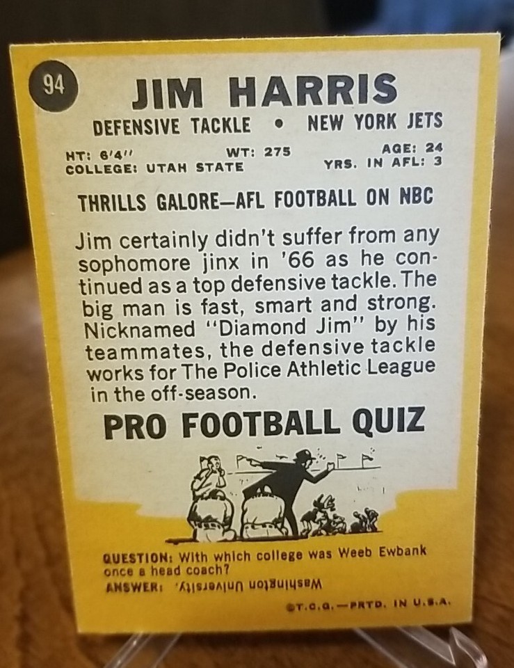 JIM HARRIS NEW YORK JETS 1967 TOPPS CARD #94 | eBay