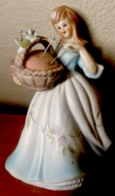 Vintage Ardart Pin Cushion Bisque Porcelain Girl holding Basket Taiwan ...