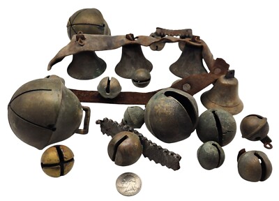 ANTIQUE Large Lot of Brass Sleigh Bells Miscellaneous Types / Sizes ...