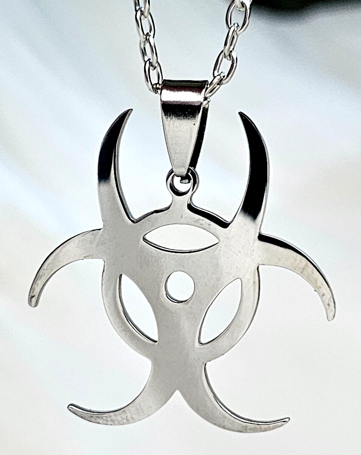 Biohazard Necklace Pendant 22" Chain Stainless Steel Polished Symbol ...