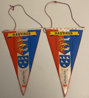 VINTAGE HASTINGS SUSSEX PENNANTS 10” LONG England Pair Small Hanging ...