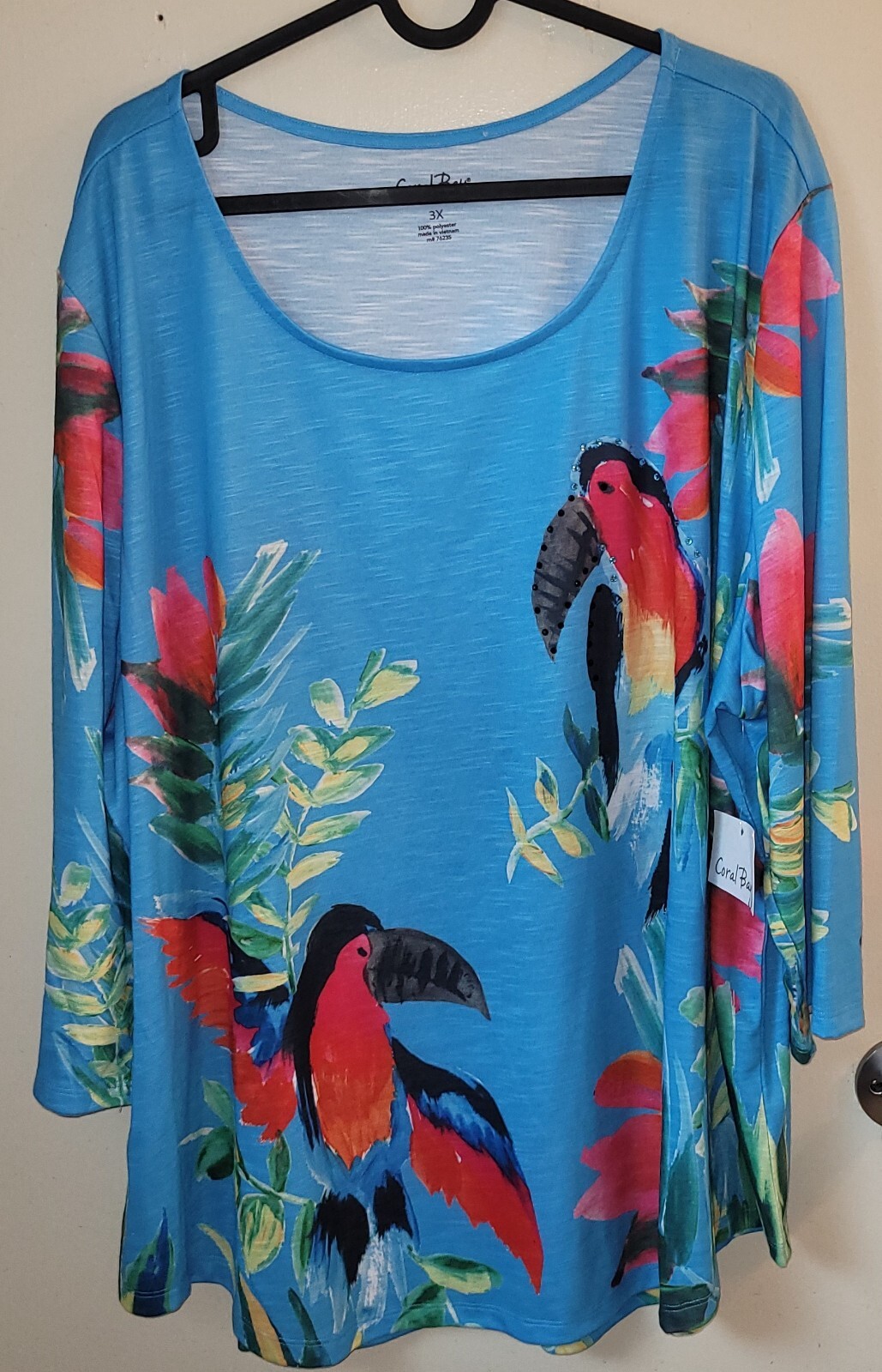 Coral Bay Tunic Top Blue Pink Toucan Birds Flowers 100% Poly Womens ...