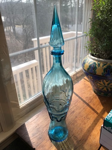 Vintage Empoli Ice Blue Glass Diamond Cut decanter w stopper 20”T VGC ...