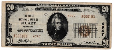 1929 $20 TYPE 2 CH#6947 THE FIRST NATIONAL BANK OF STUART NEBRASKA ...
