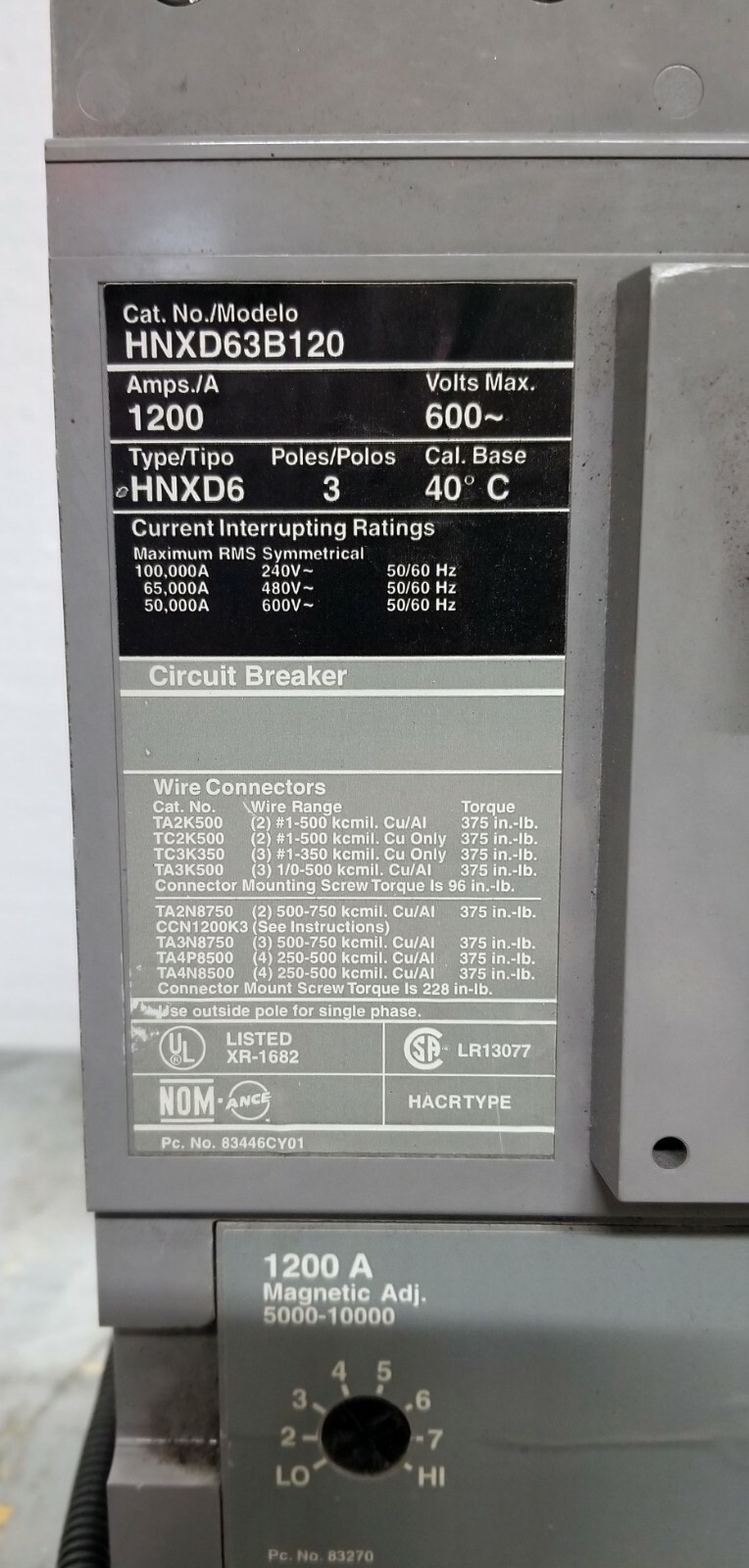 Siemens 1200A 600V 3P Breaker w/Shunt Trip HNXD63B120 | eBay