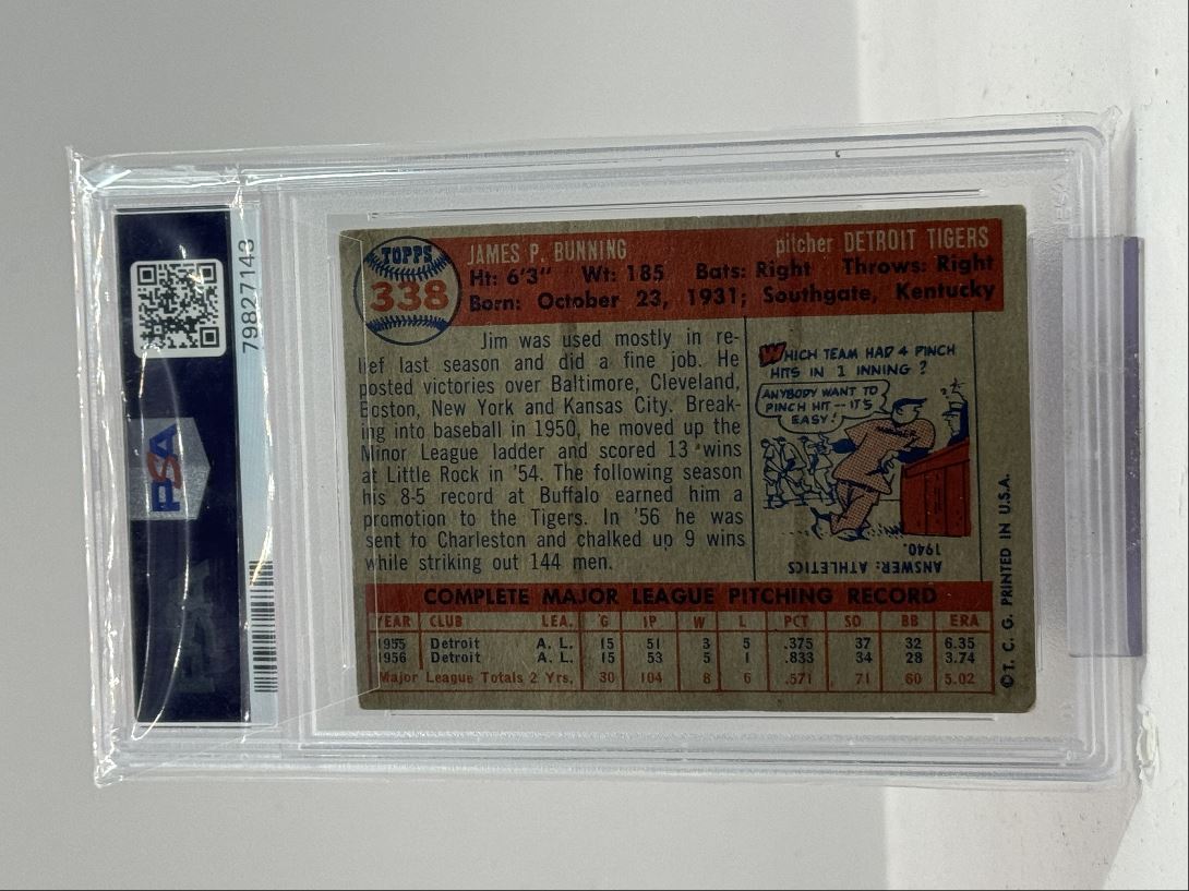 JIM BUNNING 1957 TOPPS BASEBALL ROOKIE TIGERS #338 GOOD RC PSA 2 Q1730 ...