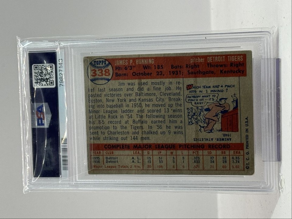 JIM BUNNING 1957 TOPPS BASEBALL ROOKIE TIGERS #338 GOOD RC PSA 2 Q1730 ...