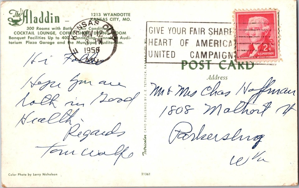 195 6Vintage Postcard The Aladdin Hotel Kansas City Missouri 2c ...