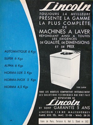 PUBLICITÉ DE PRESSE 1963 LINCOLN Machine à laver cuve inoxydable Type ...