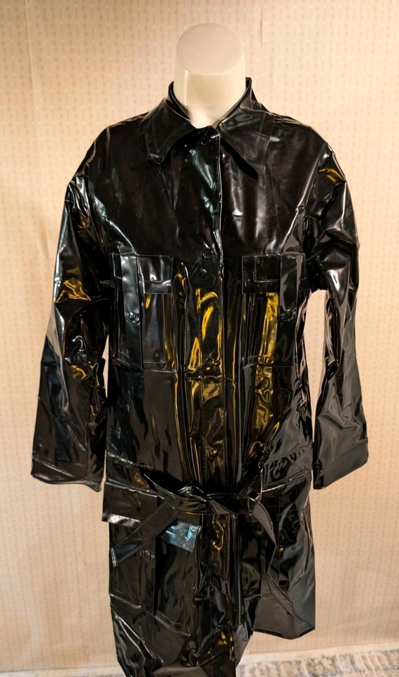 Vintage Whimsigoth Vinyl Trench Coat S Black Cargo Glossy Belted Jacket ...