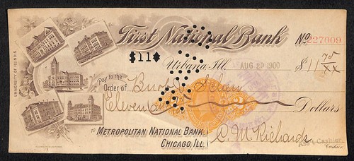FNB Urbana, IL $11 1900 Bank Check Revenue Stamp w/ University Bldg ...