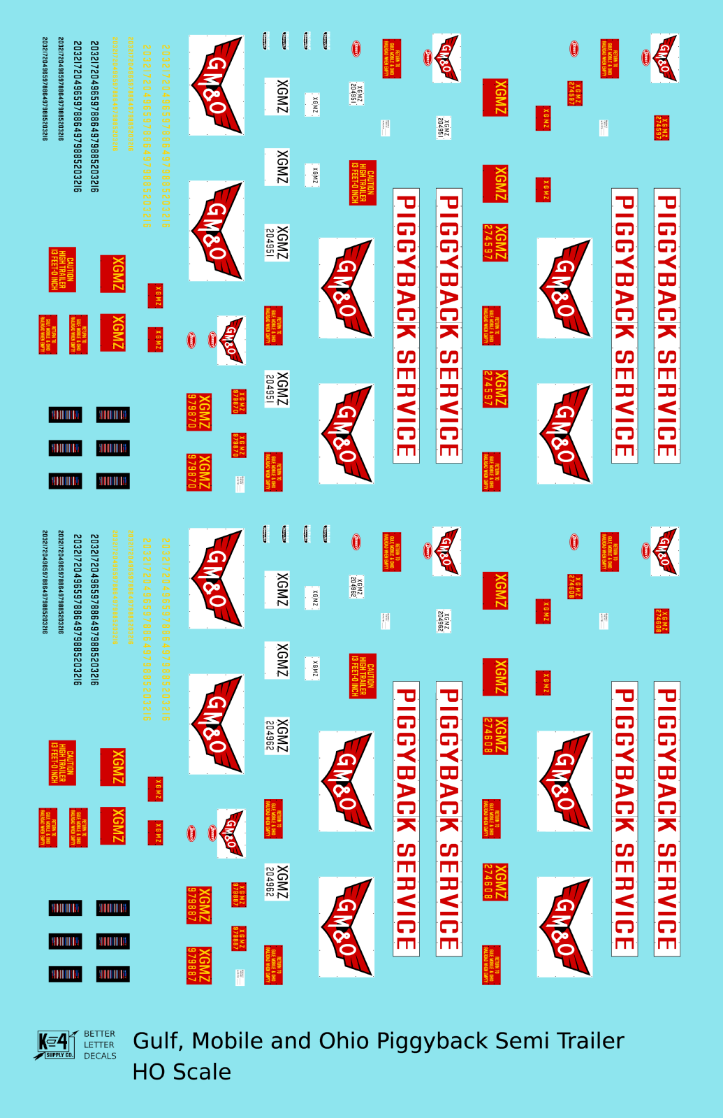 K4 HO Scale Decals Gulf Mobile and Ohio Piggyback Semi Trailer Red and ...