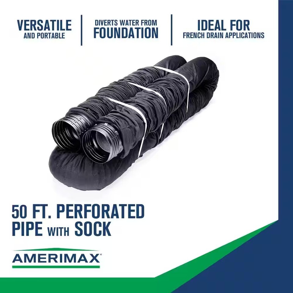 4" x 50' Perforated Drain Pipe with Sock - Efficient Drainage Solution ...