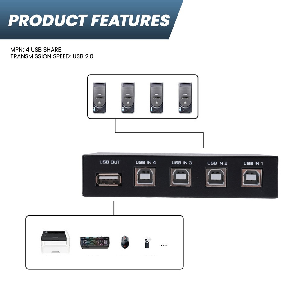 1X(Newest 4 Ports USB Printer Scanner Sharing Share Splitter Box Hub ...