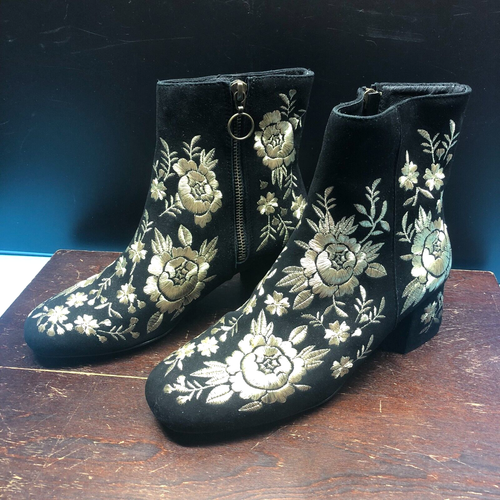 Johnny Was Black Gold Embroidered Booties Suede Ankle Boots Size 6.5 to ...