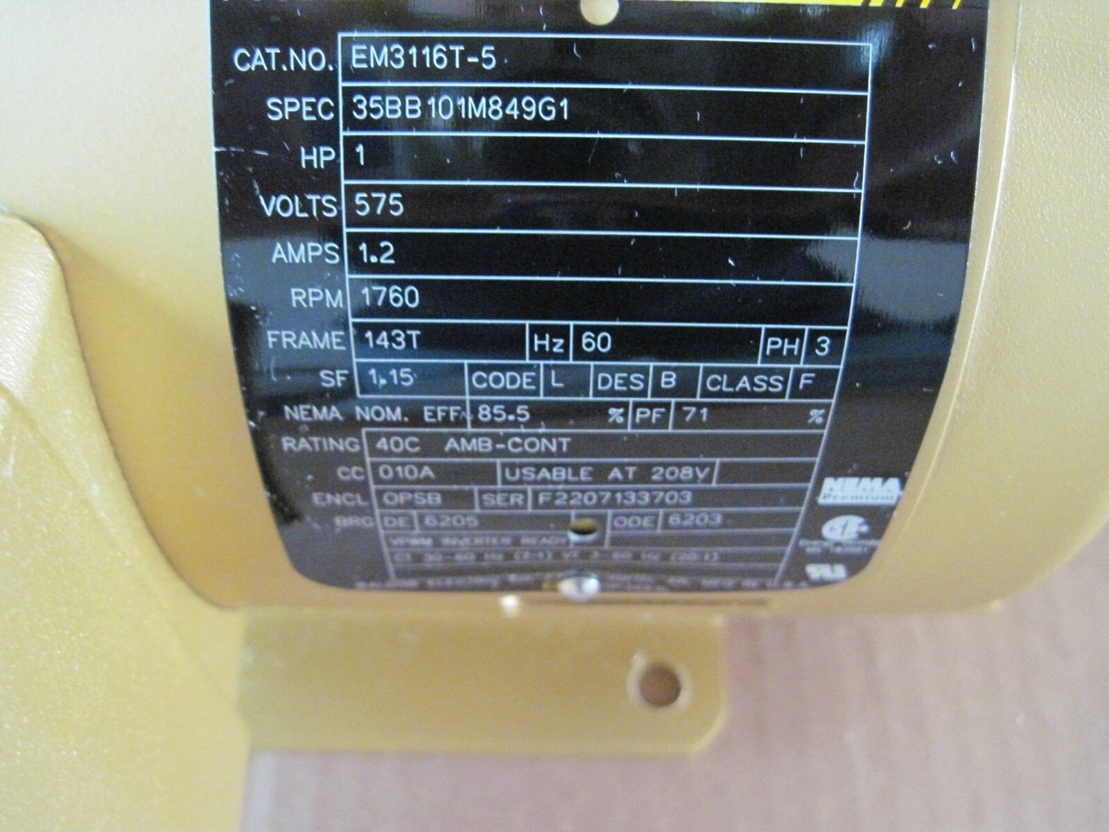 Baldor EM3116T-5 Motor 1HP, 575V, 1760 RPM, 3PH, Fr: 143T, New without ...