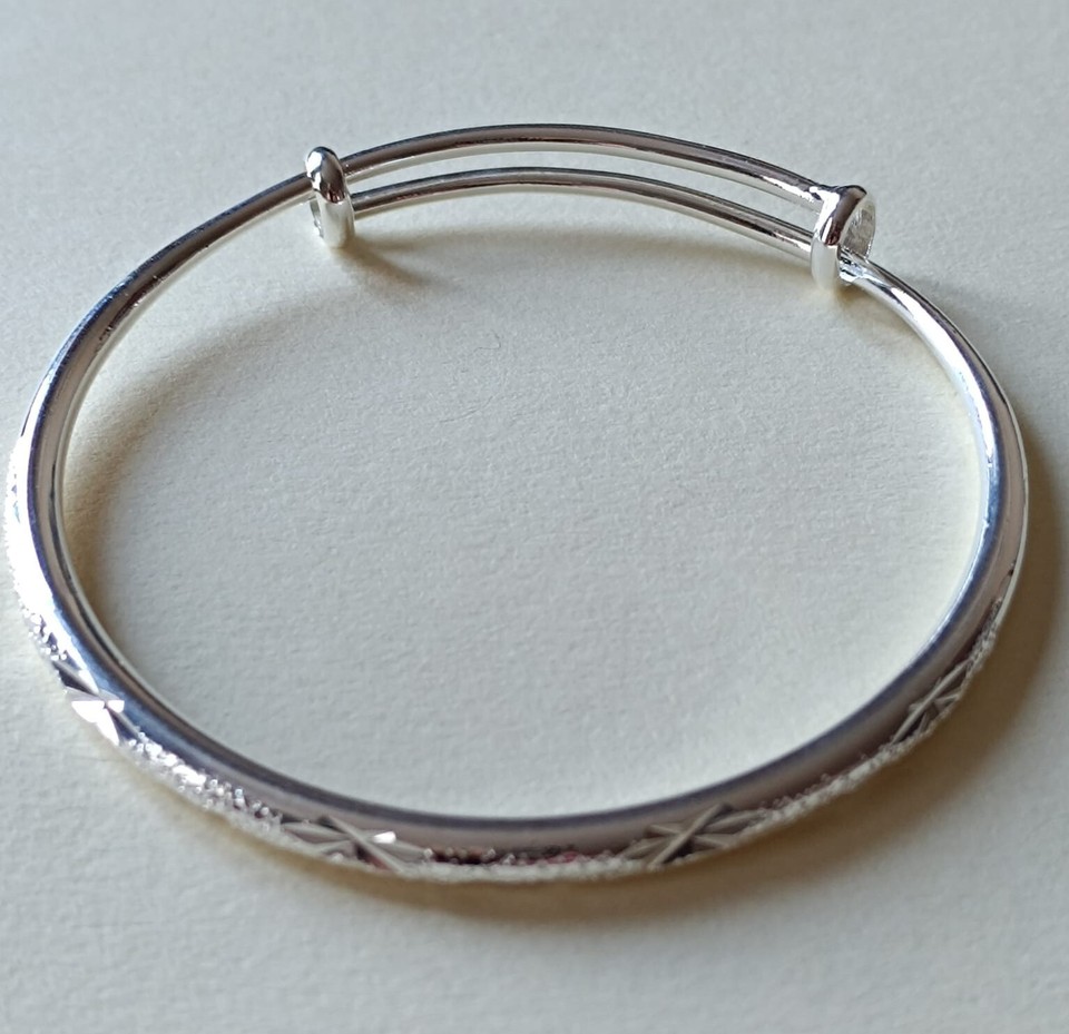Sterling Silver 925 Star Patterned Diamante Expander Bangle, Adjustable ...
