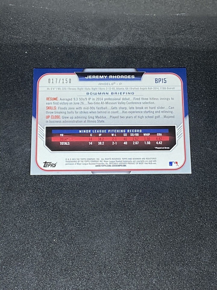 Jeremy Rhoades 2015 Bowman #BP15 Blue Parallel /150 Los Angeles Angels ...
