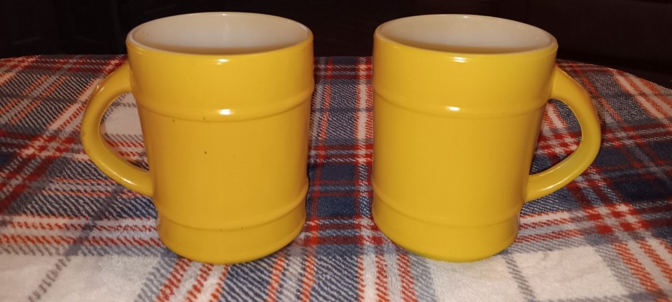 2 Vintage 1960's Fire King Barrel Coffee Mug Yellow Milk Glass Anchor ...