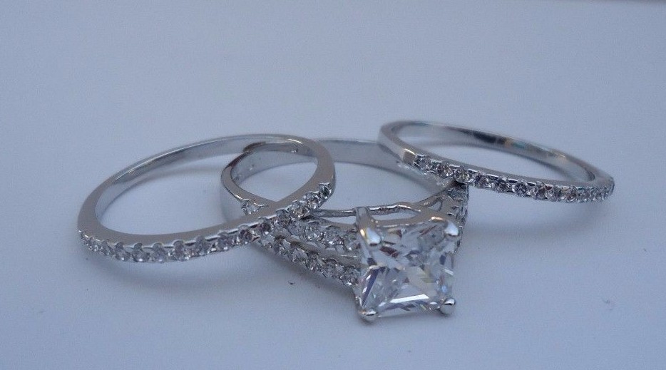 STERLING SILVER 3 PC WEDDING RING & BAND SET 3ct LAB CREATED SIMULATED ...