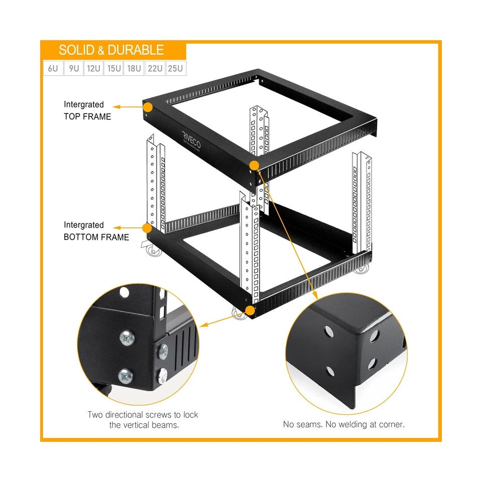 RIVECO 18U Open Frame Server Rack with Brake Casters + PDU (8 Outlets ...