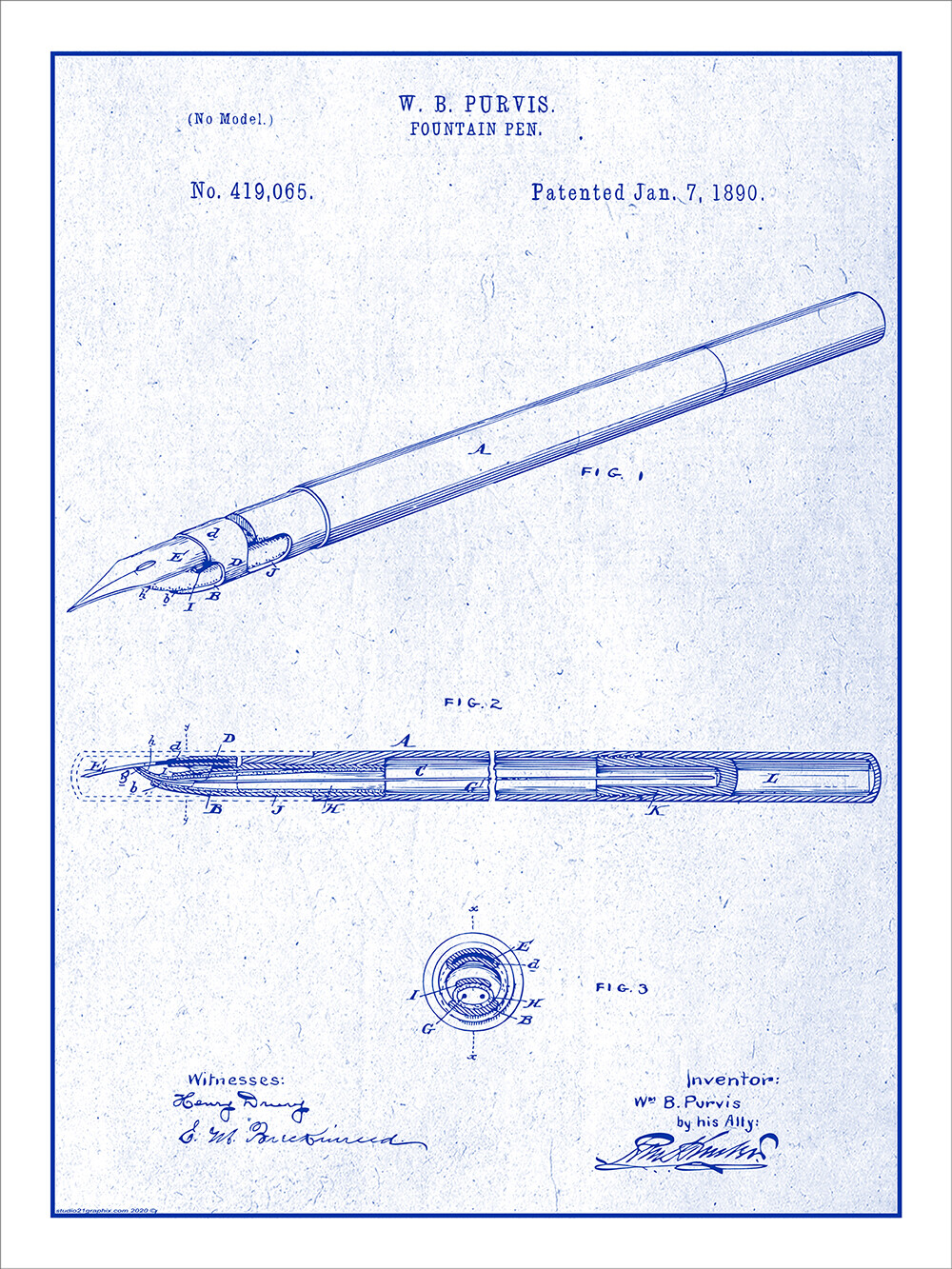 1890 W. B. Purvis Fountain Pen Patent Print Art Drawing Poster | eBay