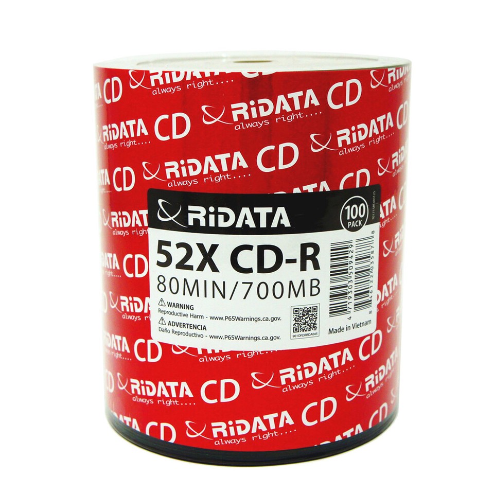 100 Ridata CD-R 52X 700MB/80Min Branded Silver Logo Blank Media ...