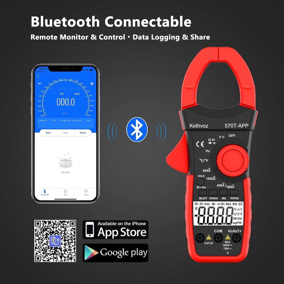 Multimeter Bluetooth Clamp Meter, Kethvoz 1000A AC/DC Ammeter Voltmeter ...