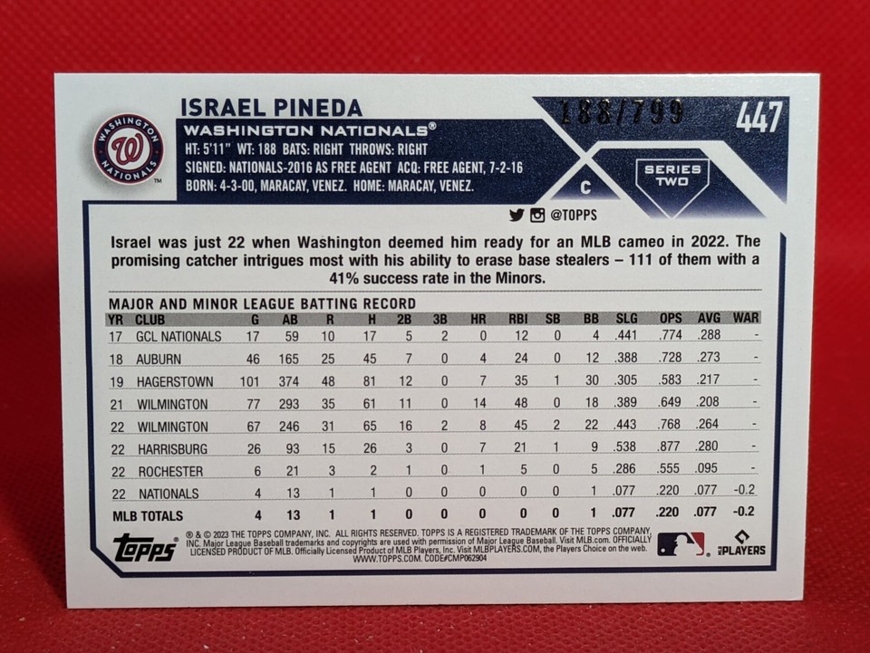 2023 Topps Series Israel Pineda #447 Rookie Purple Foil /799 Washington ...