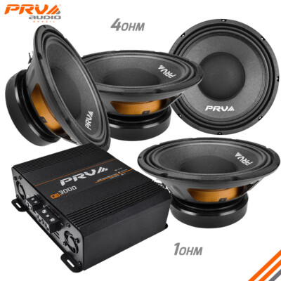 4x PRV Audio 10W650A-4 Midbass 10" 4Ohm+ 1x QS3000 1Ohm Full Range Amp ...