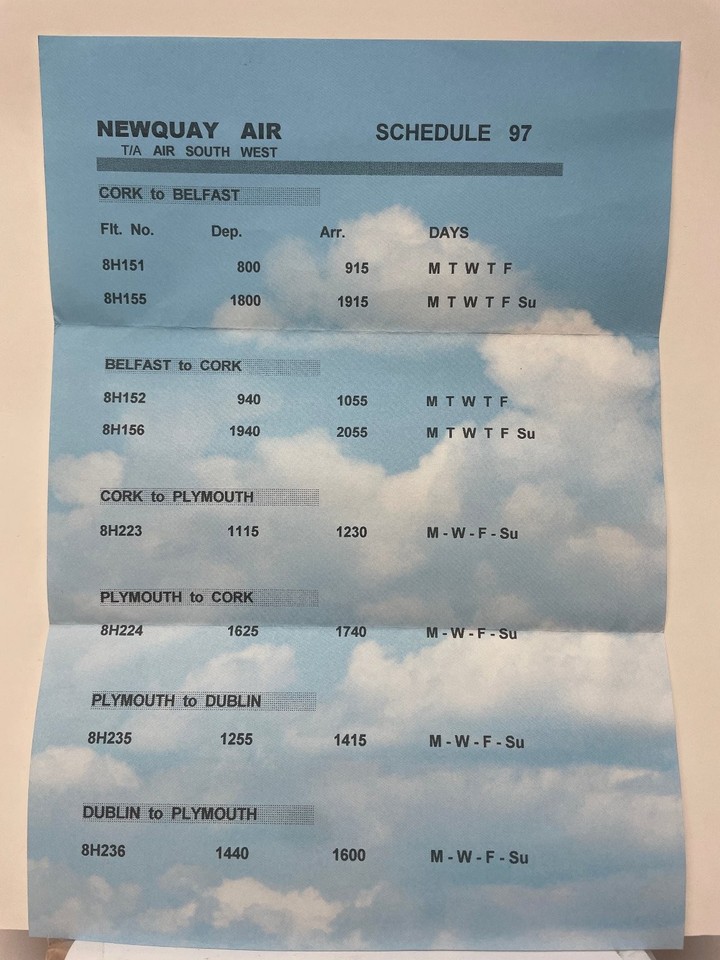 Newquay Air Cornwall England Schedule 97 Airline Timetable Fares 1997 ...
