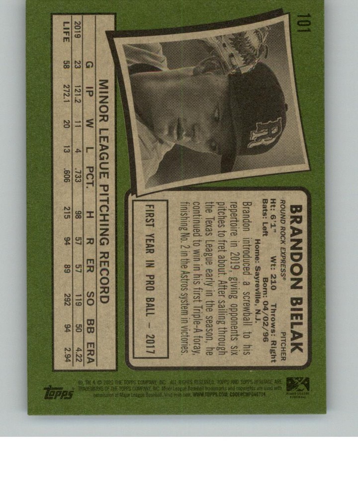 2020 Topps Heritage Minor League Brandon Bielak 101 Round Rock Express ...