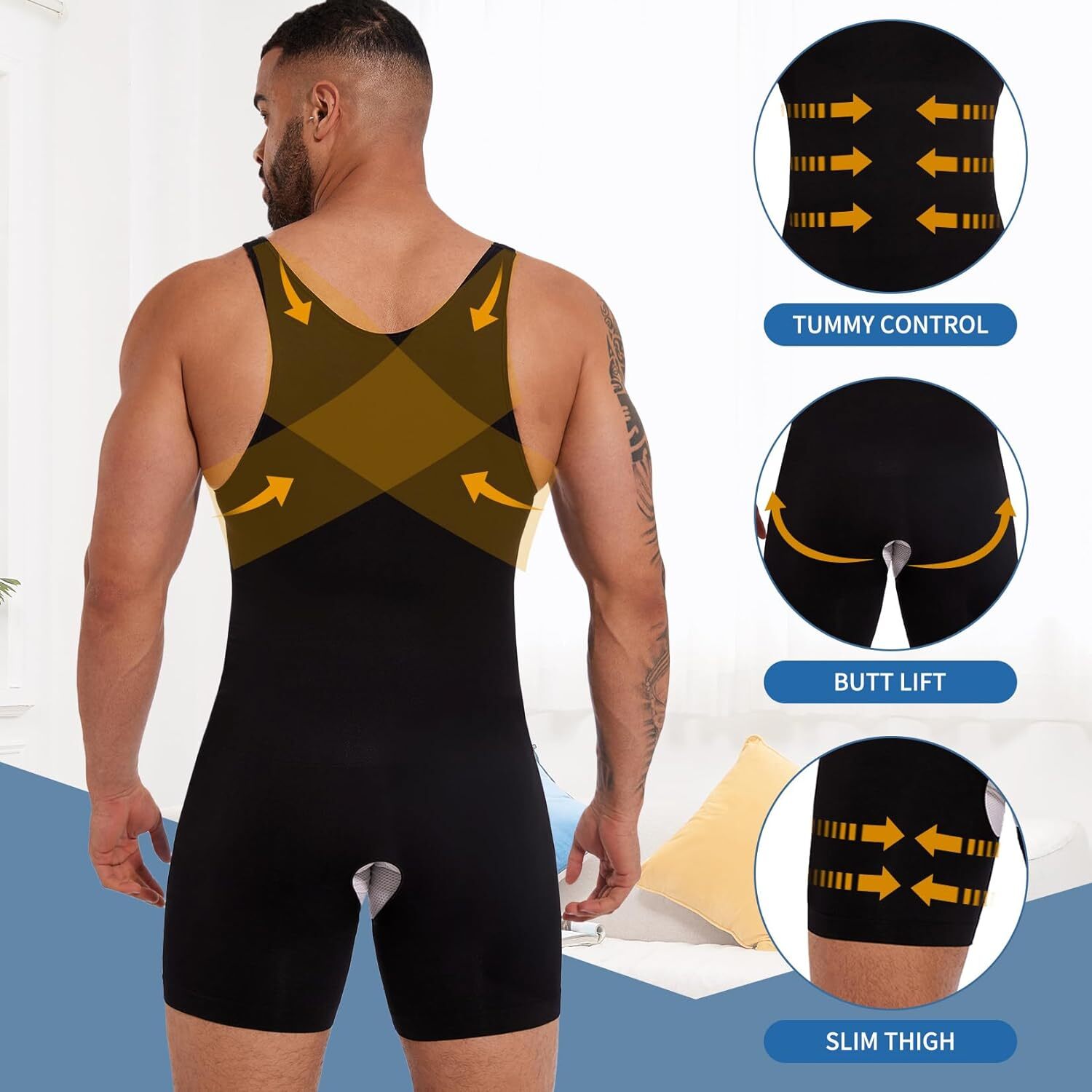 Men's Full Body Shaper Slimming Compression Bodysuit Thigh Slimmer ...