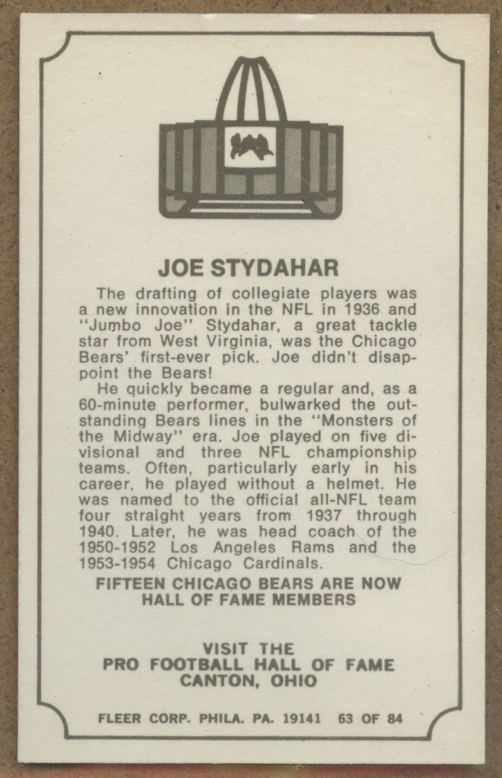 1975 Fleer The Immortal Roll #63 Joe Stydahar Chicago Bears Hall-of ...