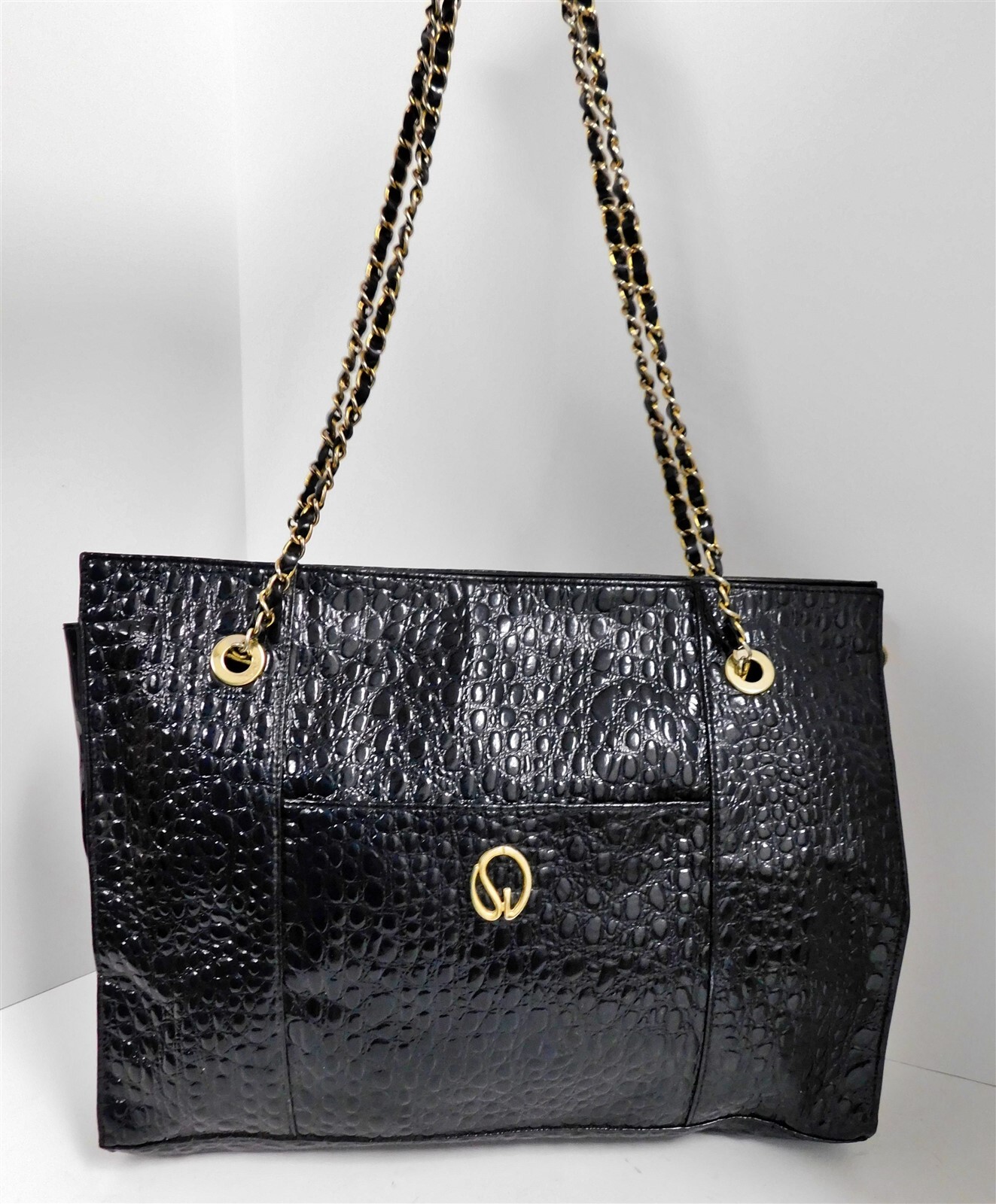 St John Black Embossed Croc Patent XL Chain Tote Bag - Gem