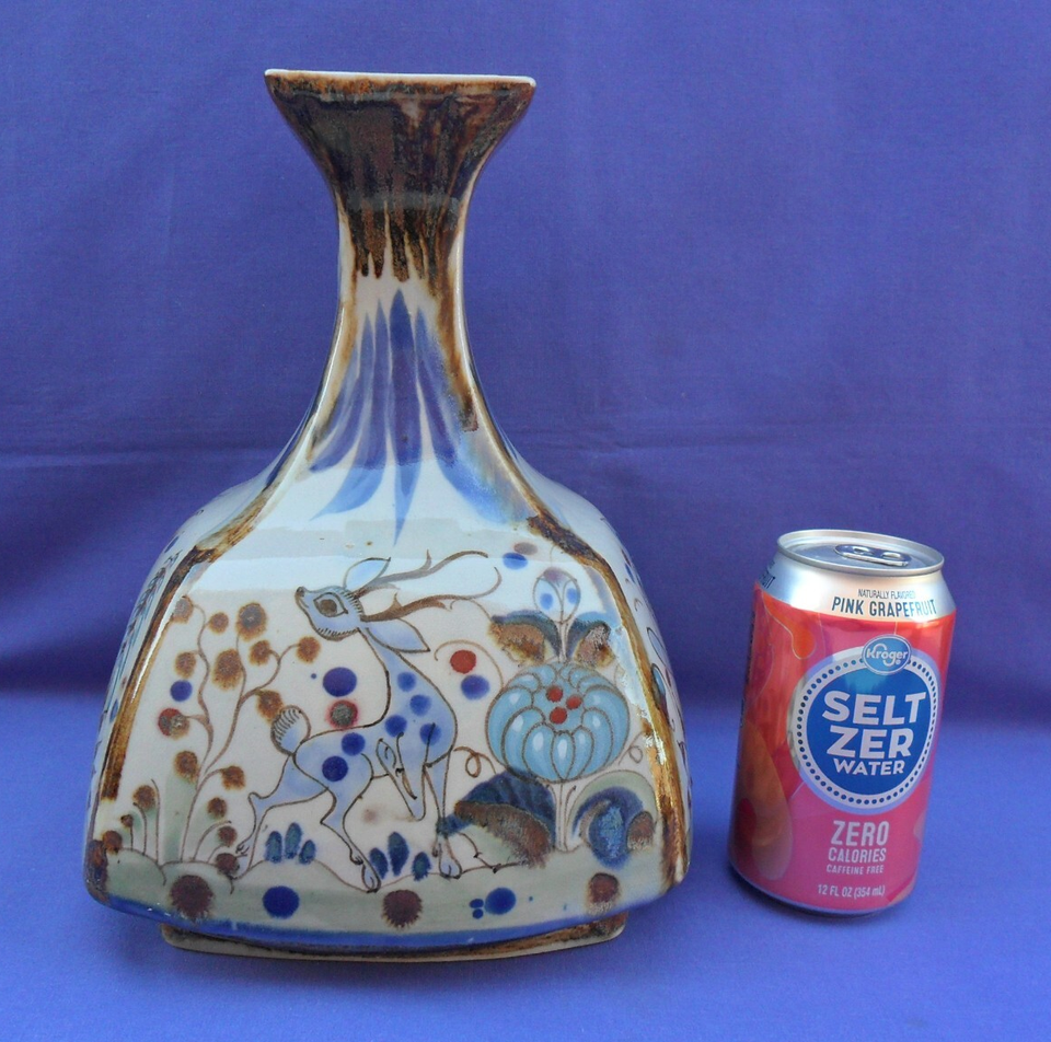 KEN EDWARDS Pottery Signed TONALA MEXICAN Hand-Painted 10" Bird Deer ...