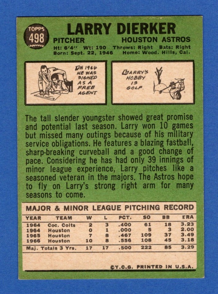 1967 Topps Semi High #498 LARRY DIERKER Houston Astros EX/EXMT Nice ...