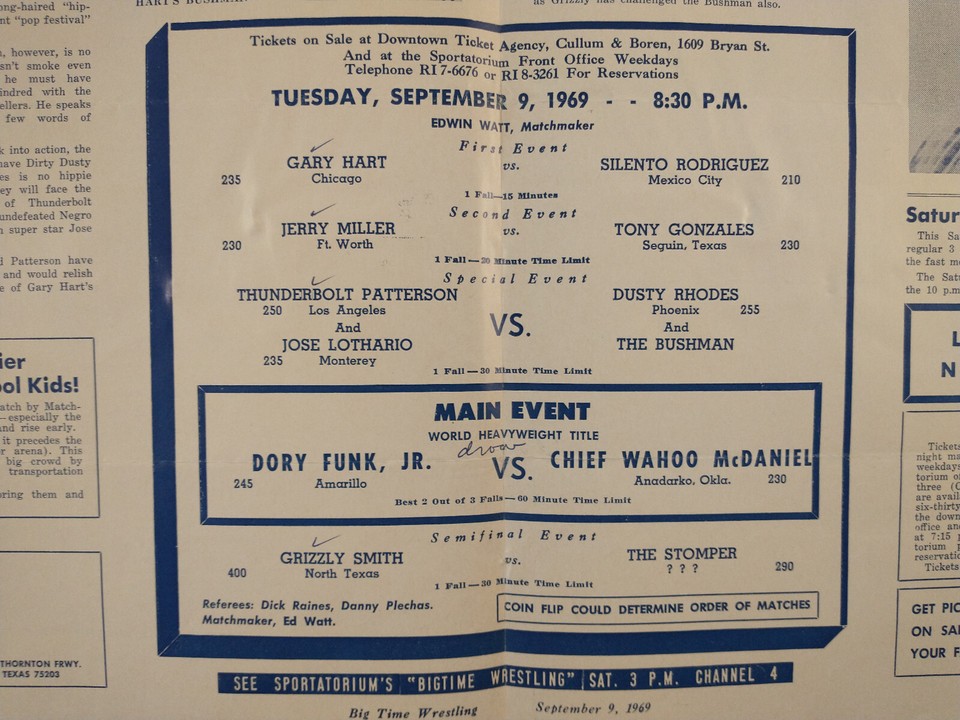 Big Time Wrestling Program Dallas Sportatorium Sep. 9, 1969 | eBay