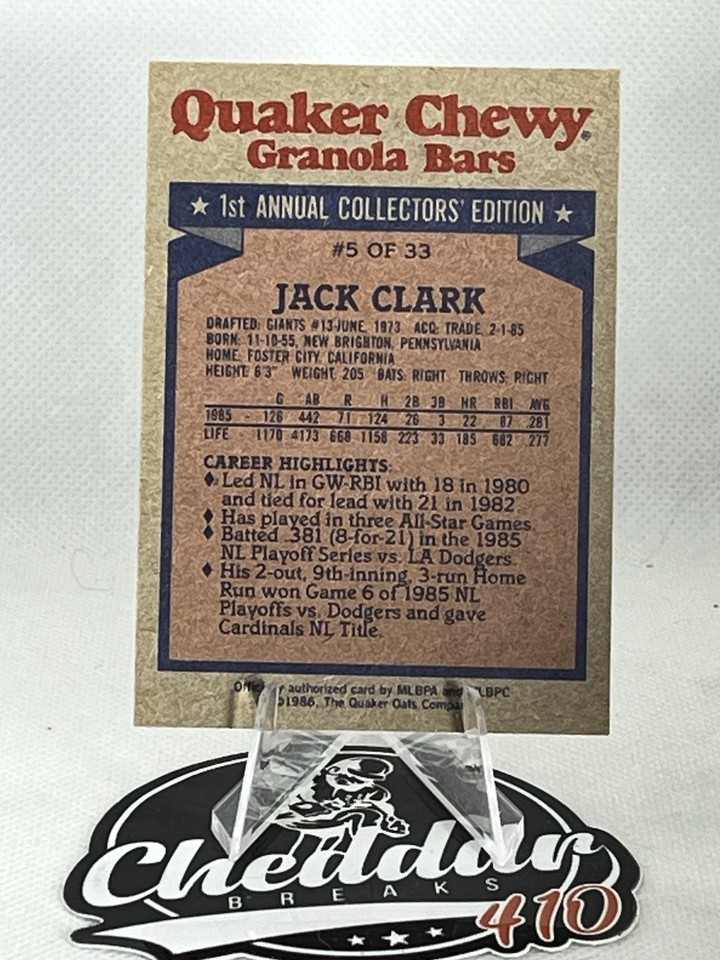 1986 Topps Quaker Chewy Granola Bars Jack Clark #5 St. Louis Cardinals ...