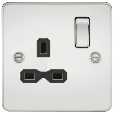 Flat plate 13A 1G DP switched socket - polished chrome with black ...