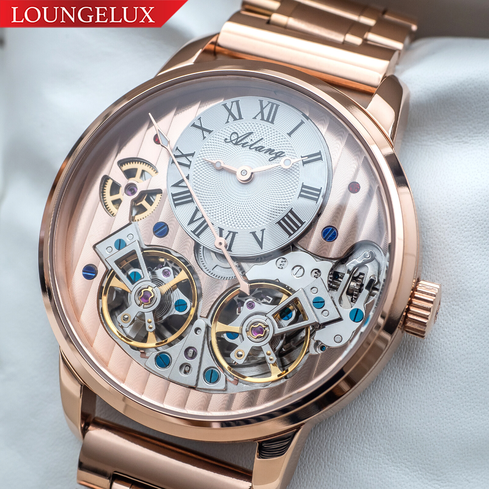 Mens Luxury Double Flywheel Skeleton Automatic Mechanical Watch ...