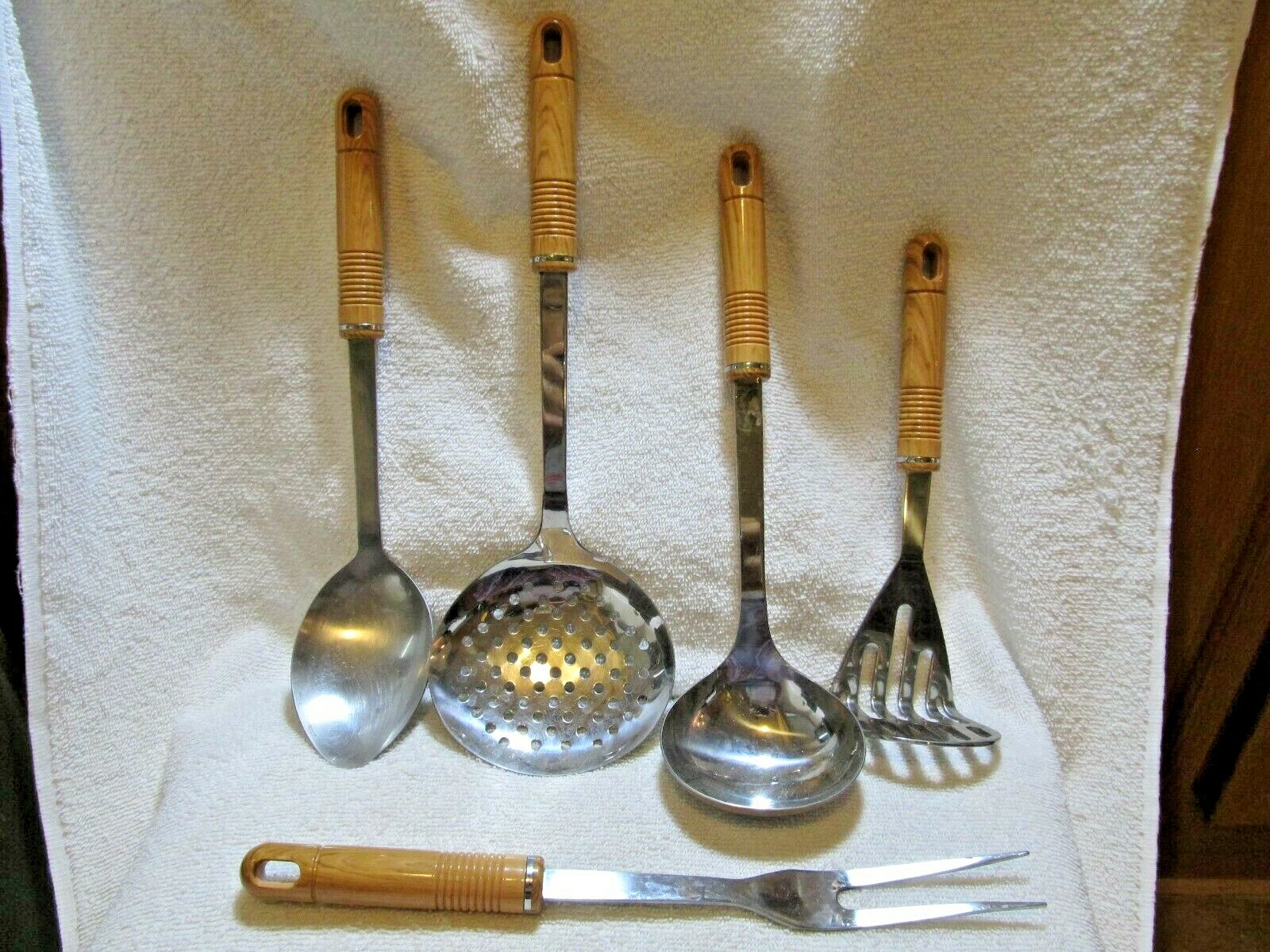 5 pc INOX ROSTFREI Spoon Spatula Ladle Fork Masher Wood Handle ...