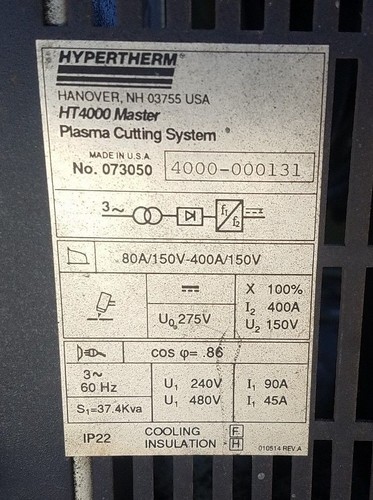 Hypertherm 400 Amp @ 100% DC. HT-4000 Plasma Cutting System Master ...