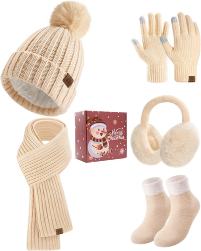 Winter Beanie Hats Scarf Touch Screen Gloves Fuzzy Socks Ear Muffs 5Pcs ...