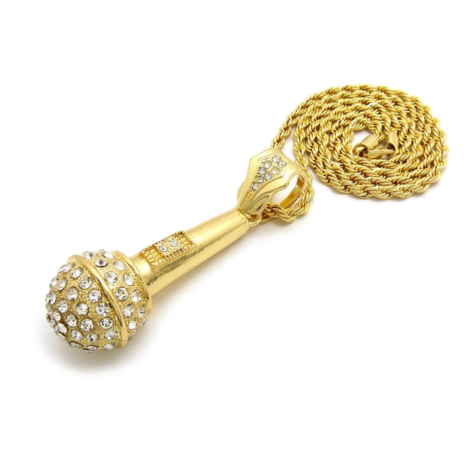 NEW ICED MICROPHONE MIC PENDANT 4mm/24" ROPE CHAIN HIP HOP NECKLACE ...