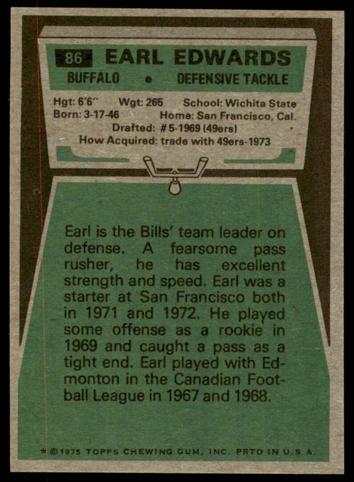 1975 Topps Earl Edwards Rookie Buffalo Bills #86 | eBay