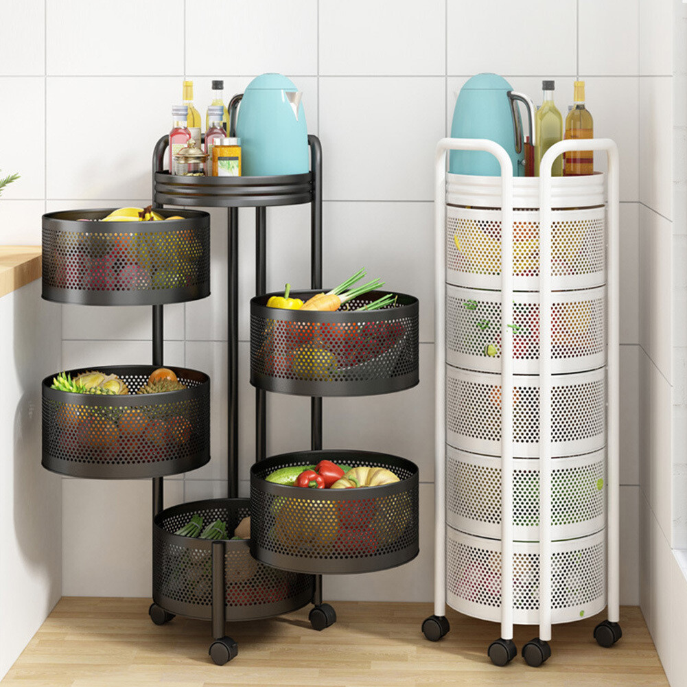 Metal Rotating Basket Rack Kitchen Storage Shelf Fruit Vegetable Holder ...