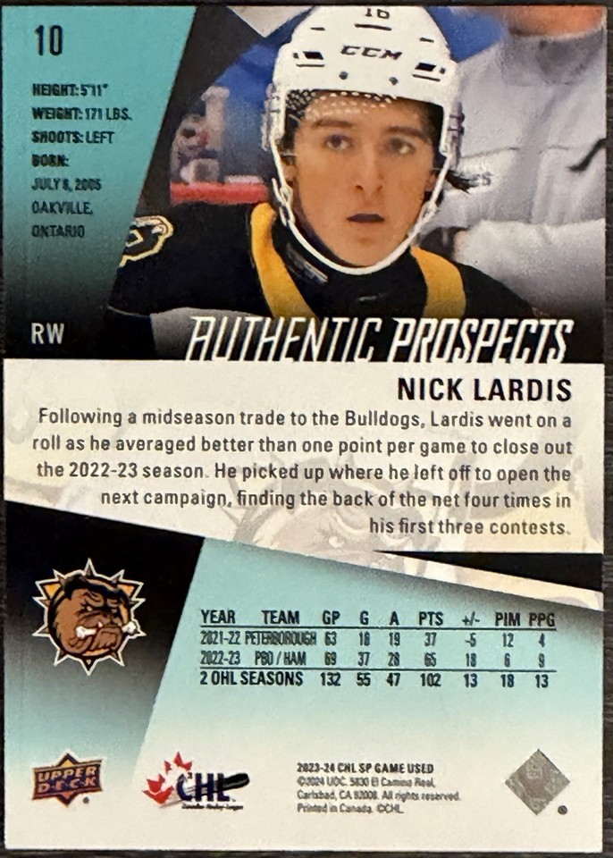 Nick Lardis 2023-24 Upper Deck SP Game Used CHL Rookie #10 Teal ...
